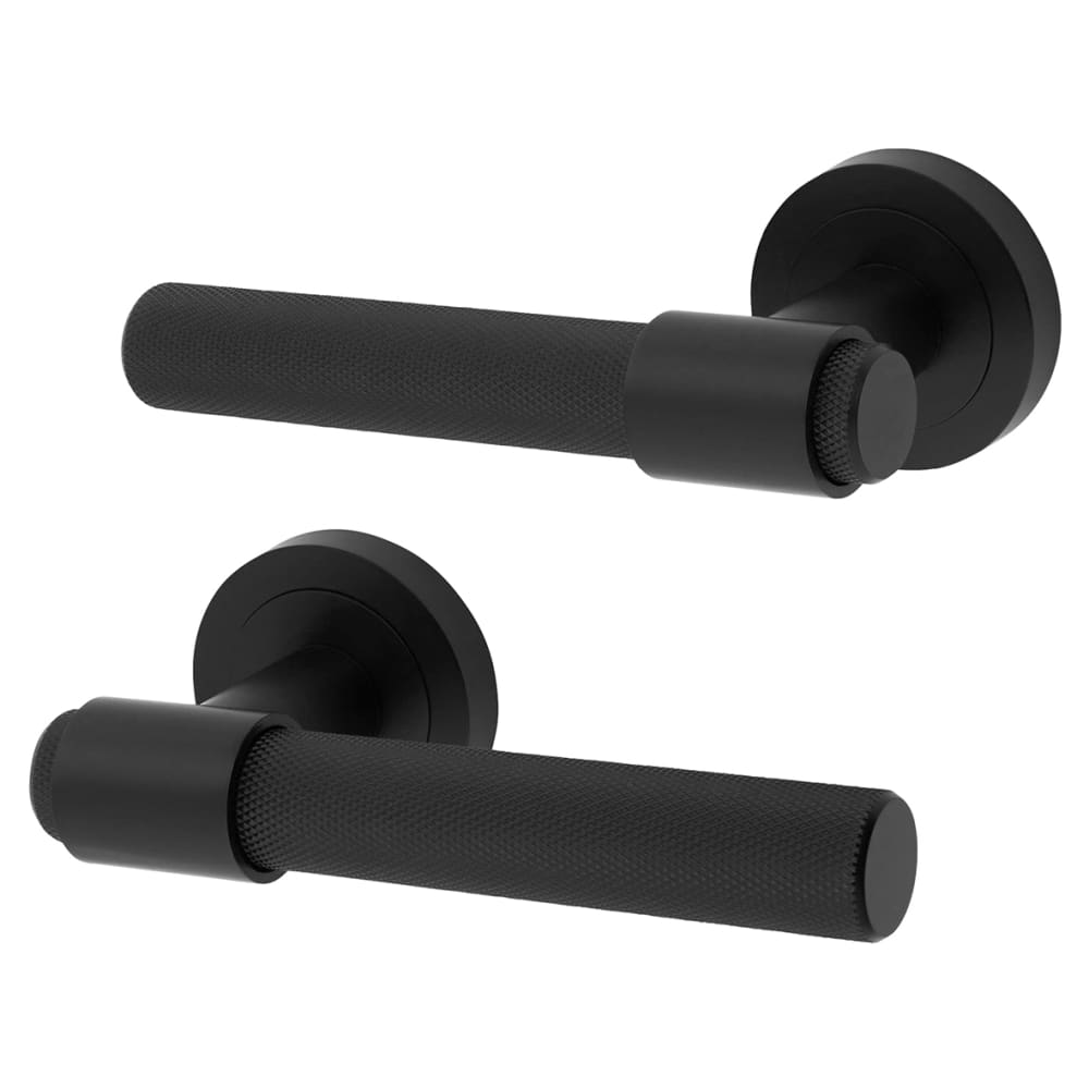 Altro Matt Black Knurled Bathroom Deadbolt Lock Door Handles on Rose ...