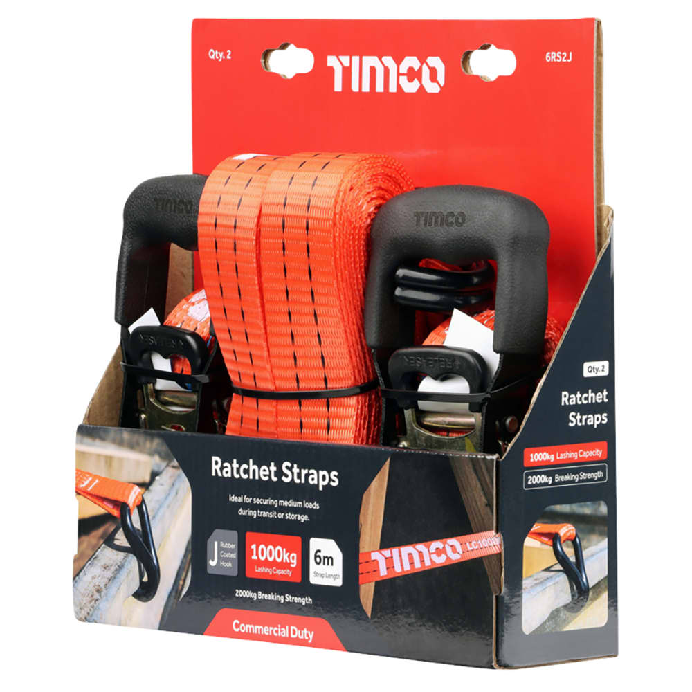 TIMCO J Hook Ratchet Straps - Commercial Duty - 6m x 35mm - Pack of 2 ...