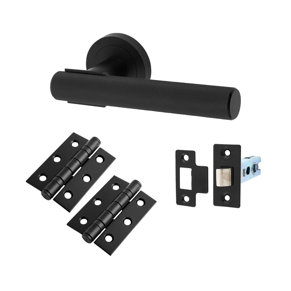 Altro Matt Black Knurled Latch Door Handles on Rose Pack - Orla Range ...