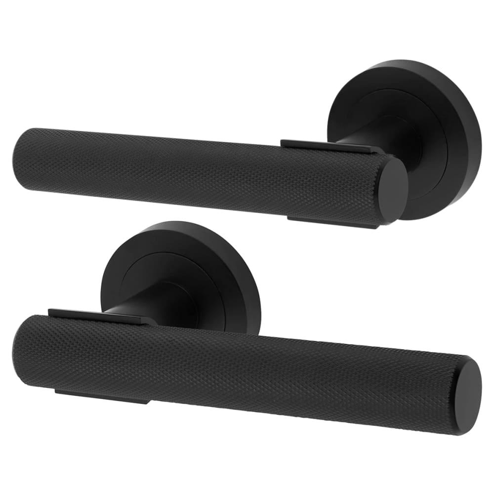 Altro Matt Black Knurled Latch Door Handles on Rose Pack - Orla Range ...