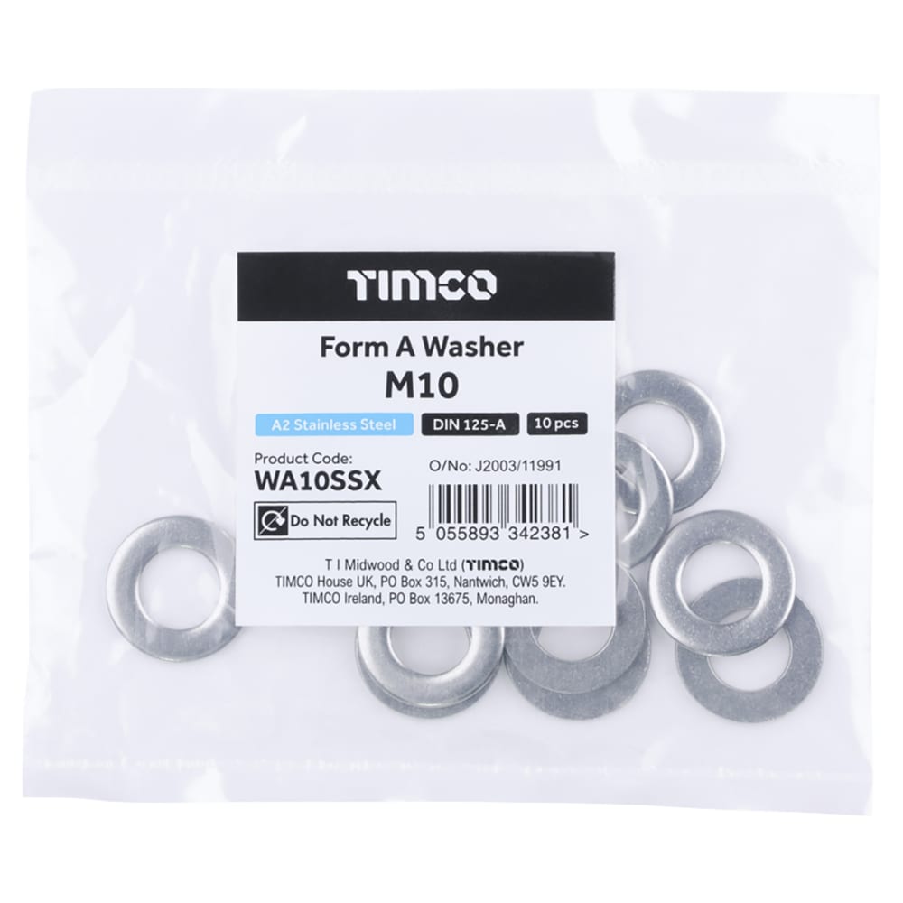 TIMco Form 'A' Washer - M10 x 20mm - A2 Stainless Steel - Pack 10 ...