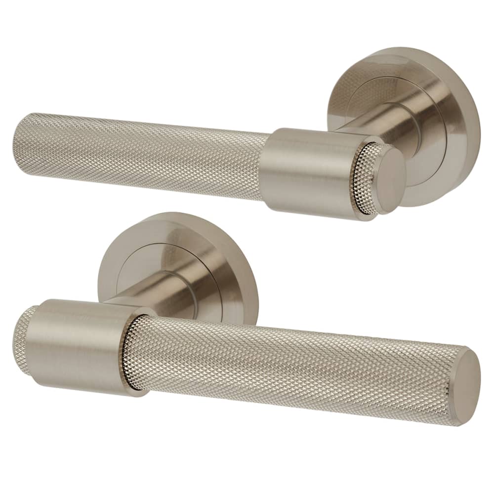Altro Satin Nickel Knurled Bathroom Lock Door Handles on Rose Pack ...