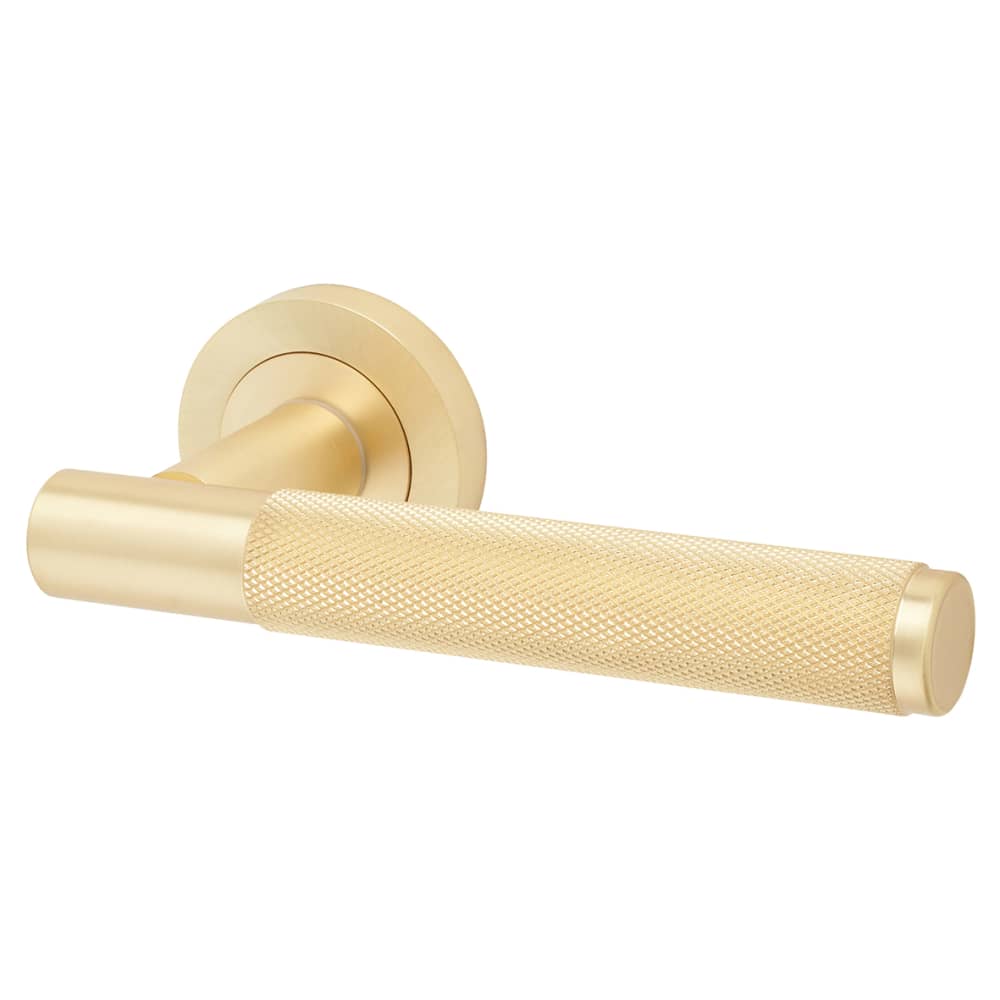Jedo by Frelan Bari Knurled Door Handle on Rose - Satin Brass | IronmongeryDirect | Same Day ...