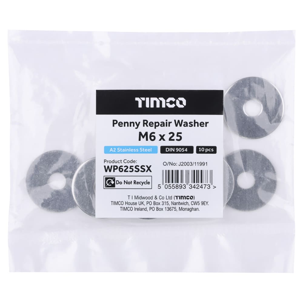 TIMco Penny / Repair Washer - M6 x 25mm - A2 Stainless Steel - Pack 10 ...