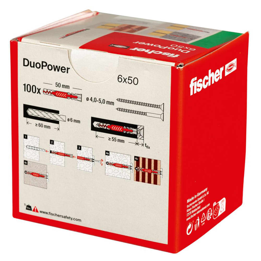 Fischer DuoPower Long Nylon Wall Plug - 6mm - Red & Grey - Pack of 100 ...