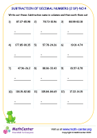 Fifth Grade Worksheets: Subtracting Decimals | Math Center