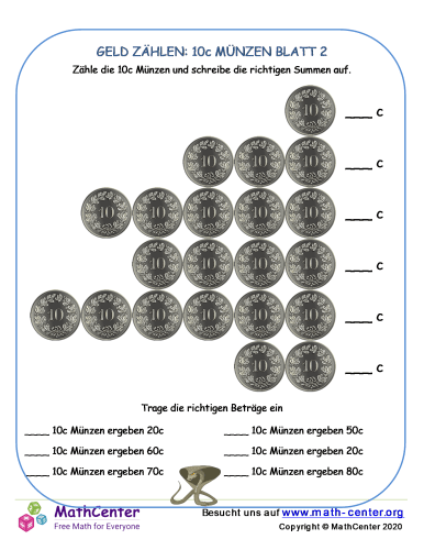 Zählen Von Geld: 10C Münzen Blatt 2 | Arbeitsblätter | Math Center