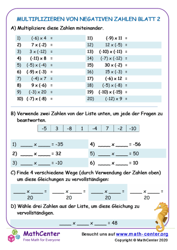Mathe Arbeitsblatt Negative Zahlen