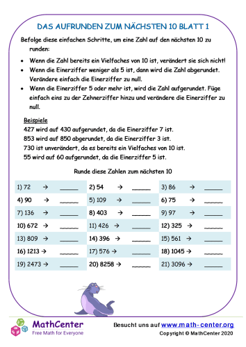 Das Aufrunden Zum Nächsten 10 Blatt 1A | Arbeitsblätter | Math Center
