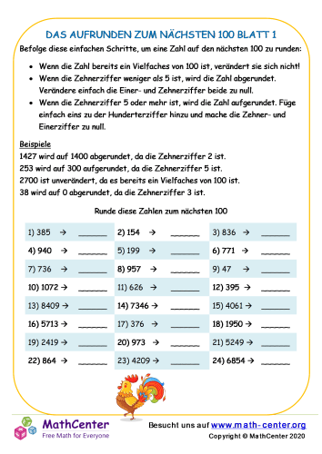 Das Aufrunden Zum Nächsten 100 Blatt 1A | Arbeitsblätter | Math Center