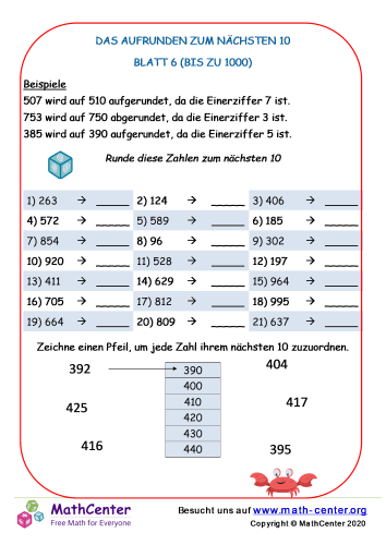 Das Aufrunden Zum Nächsten 10 Blatt 6 (Bis 1000) | Arbeitsblätter ...