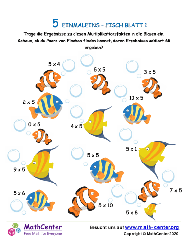 5 Einmaleins - Fisch Blatt 1 | Arbeitsblätter | Math Center