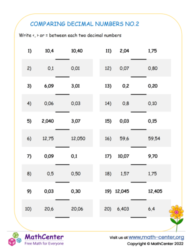 Fourth Grade Worksheets: Ordering Decimals | Math Center