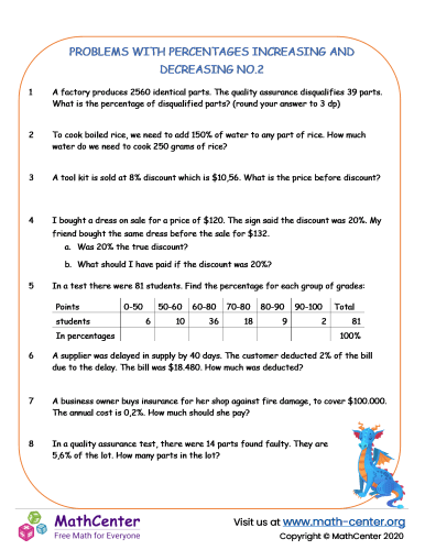 Problems with percentages increase and decrease no.2 | Worksheets ...