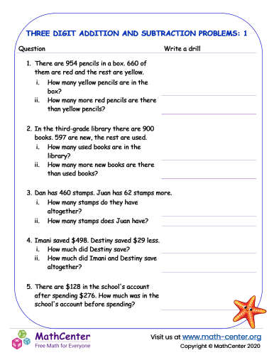 Three digits addition and subtraction problems | Worksheets | Math Center Three digits addition and subtraction problems | Worksheets | Math Center