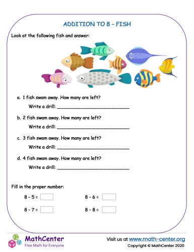 Addition to 8 - Fish | Worksheets | Math Center
