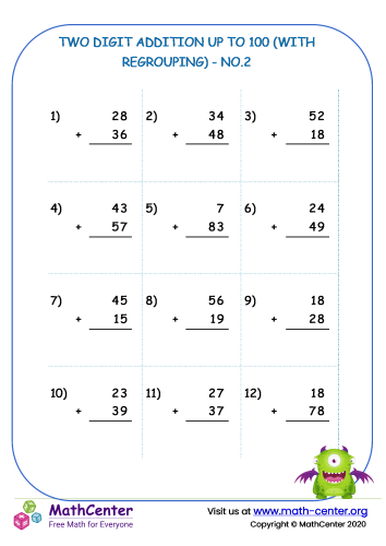 Third Grade Worksheets: Two-digit Addition With Regrouping | Math Center
