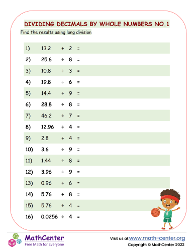 Sixth Grade Worksheets: Dividing Decimals | Math Center
