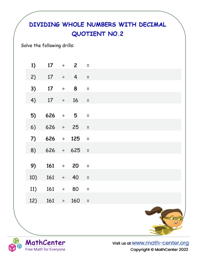 Sixth Grade Worksheets: Dividing Decimals | Math Center