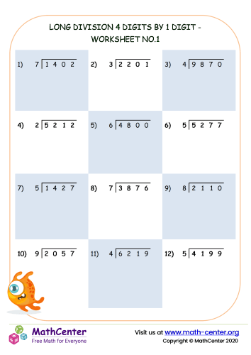 Long division 4 digits by 1 digit - worksheet no.1 | Worksheets | Math ...