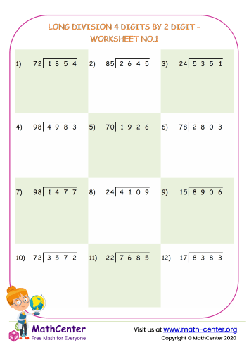 Long division 4 digits by 2 digit - worksheet no.1 | Worksheets | Math ...