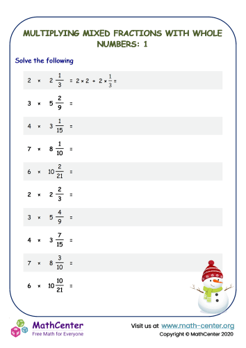 Multiplying mixed fractions by whole numbers - Worksheet No.1 ...