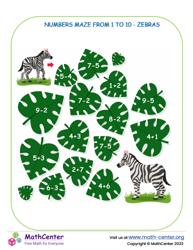 Number Maze from 1 to 10 - Zebras | Worksheets | Math Center