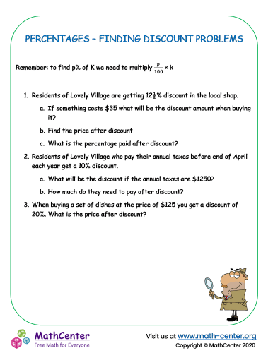 Percentages – Finding Discounts problems | Worksheets | Math Center