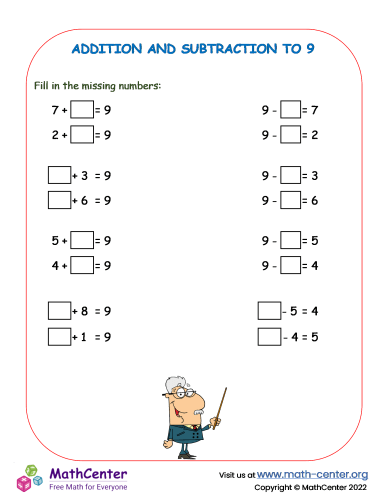 Addition and subtraction to 9 | Worksheets | Math Center