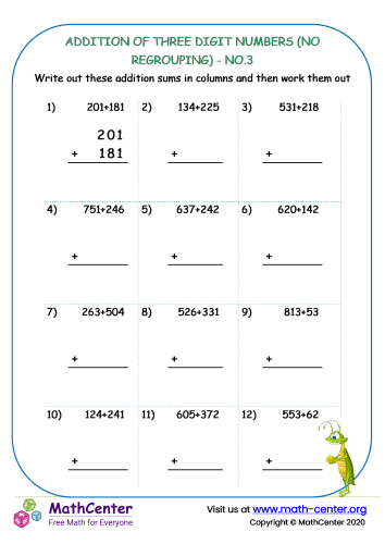 Second Grade Worksheets: Three-digit Addition Without Regrouping | Math ...