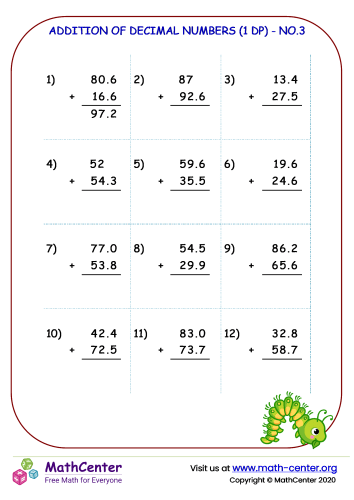 Fourth Grade Worksheets: Adding Decimals | Math Center
