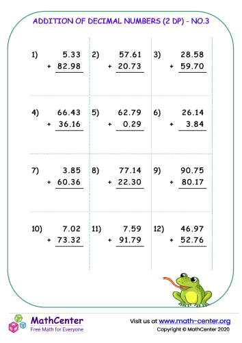 Addition of decimal numbers (2 dp) - no.3 | Worksheets | Math Center