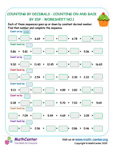 Counting by decimals - counting on and back by 2dp - worksheet no.1 ...