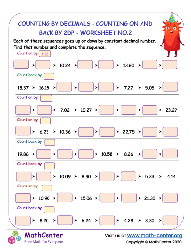 Counting by decimals - counting on and back by 2dp - worksheet no.2 ...