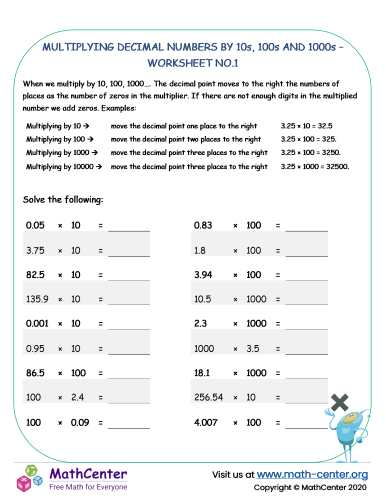 Multiplying decimal numbers by 10s worksheet no.1 | Worksheets | Math ...