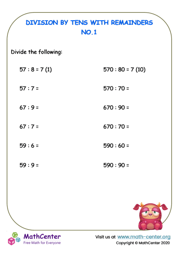 Division by tens with remainders - No.1 | Worksheets | Math Center