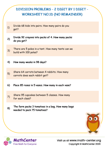 Division problems - 2 digit by 1 digit - worksheet no.1D (no remainder ...