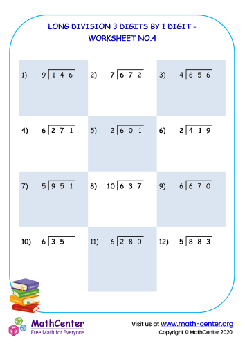 Long division 3 digits by 1 digit - worksheet no.4 | Worksheets | Math ...
