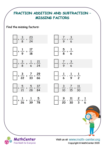 Fraction Addition and Subtraction - Missing Factors | Worksheets | Math ...