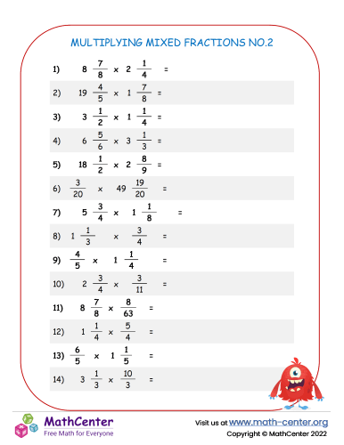 Multiplying Mixed fractions No.2 | Worksheets | Math Center