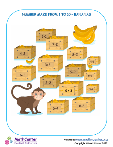 Number Maze from 1 to 10 - Bananas | Worksheets | Math Center