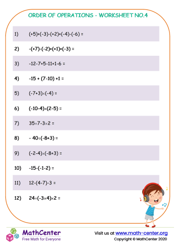 Order of operations - worksheet no.4 | Worksheets | Math Center