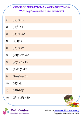 Sixth Grade Worksheets: Order of Operations | Math Center