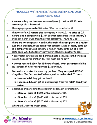Problems with percentages increase and decrease no.3 | Worksheets ...