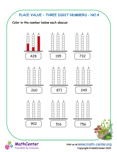 Place Value Three Digit Numbers - Abacus No.4 | Worksheets | Math Center Place Value Three Digit Numbers - Abacus No.4 | Worksheets | Math Center