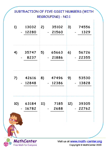 Subtraction of five-digit numbers (with regrouping) - no.1 | Worksheets ...