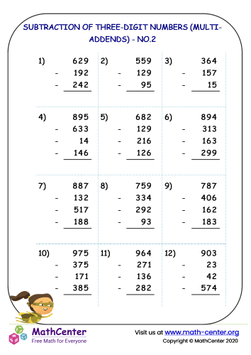 Second Grade Worksheets: Three-digit Subtraction With Regrouping | Math ...