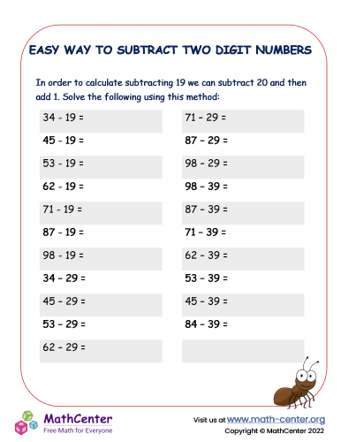 Easy way to subtract two digit numbers | Worksheets | Math Center