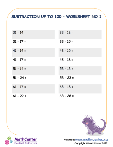 First Grade Worksheets: Two-digit Mental Subtraction | Math Center