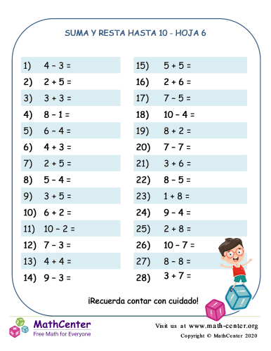 Suma Y Resta Hasta 10 Hoja 6 | Hojas de trabajo | Math Center